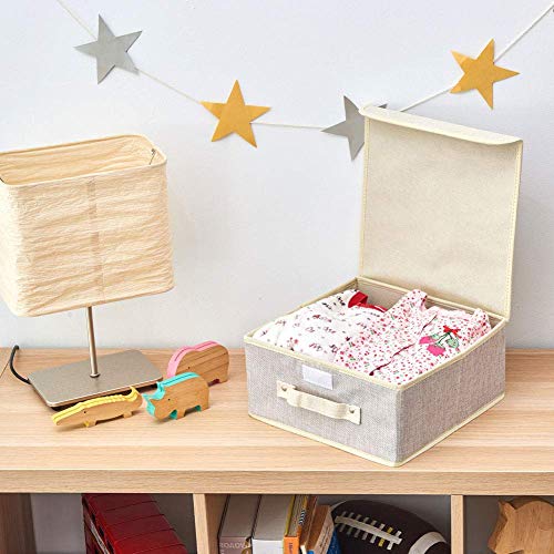 EZOWare 4-Pack Small Fabric Storage Basket Bin with Lid, Collapsible Storage Box Cube Organizer Container for Nursery, Closet, Bedroom - 10.5 x 10.5 x 5 inches, (Gray & Beige)