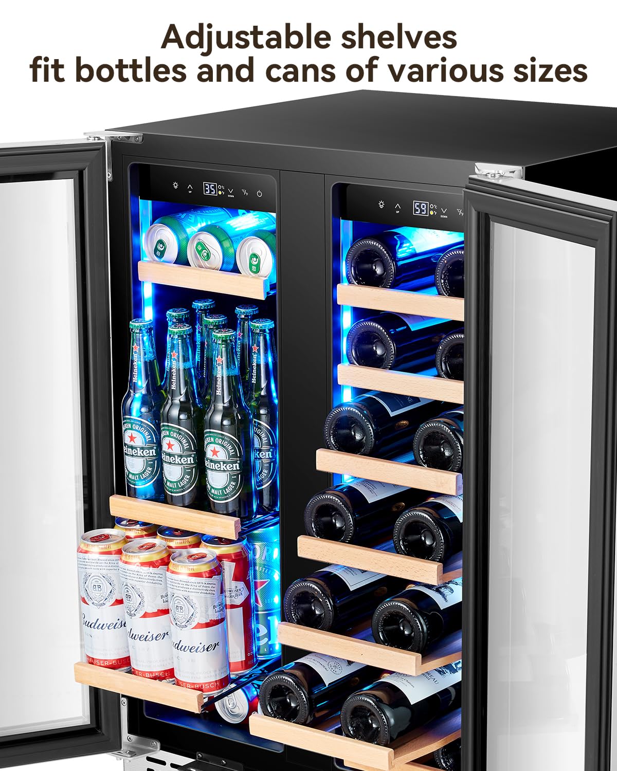 Plotanis 24 Inch Wine Fridge Dual Zone 20 Bottles 60 Cans Wine Refrigerator Built-in or Freestanding Wine Beverage Cooler with Glass Door, 3-Color Light, Safety Lock