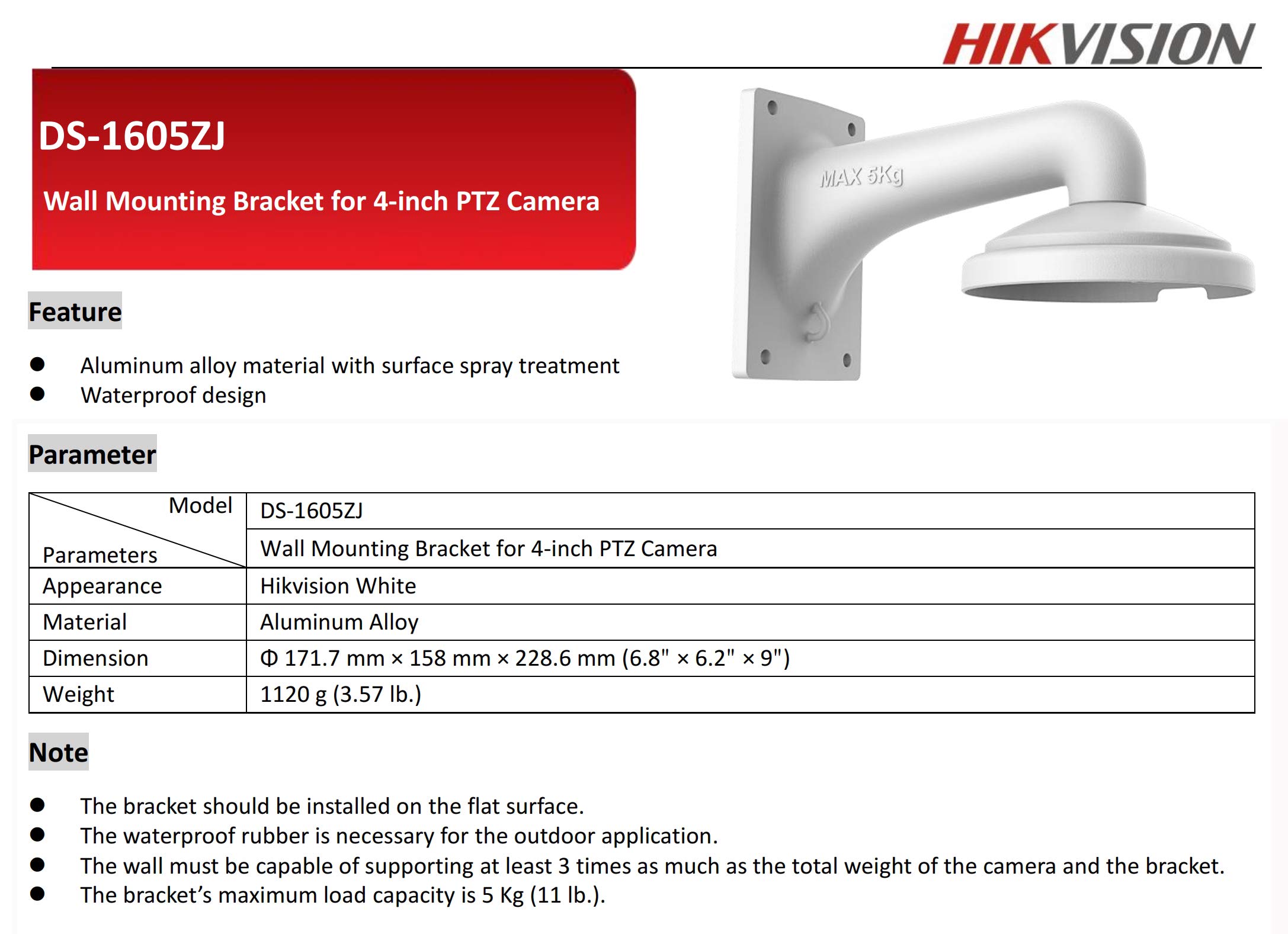 DS-1605ZJ Outside Wall Mount for Hikvision PTZ Camera DS-2DE4A2/320/204IW-DE
