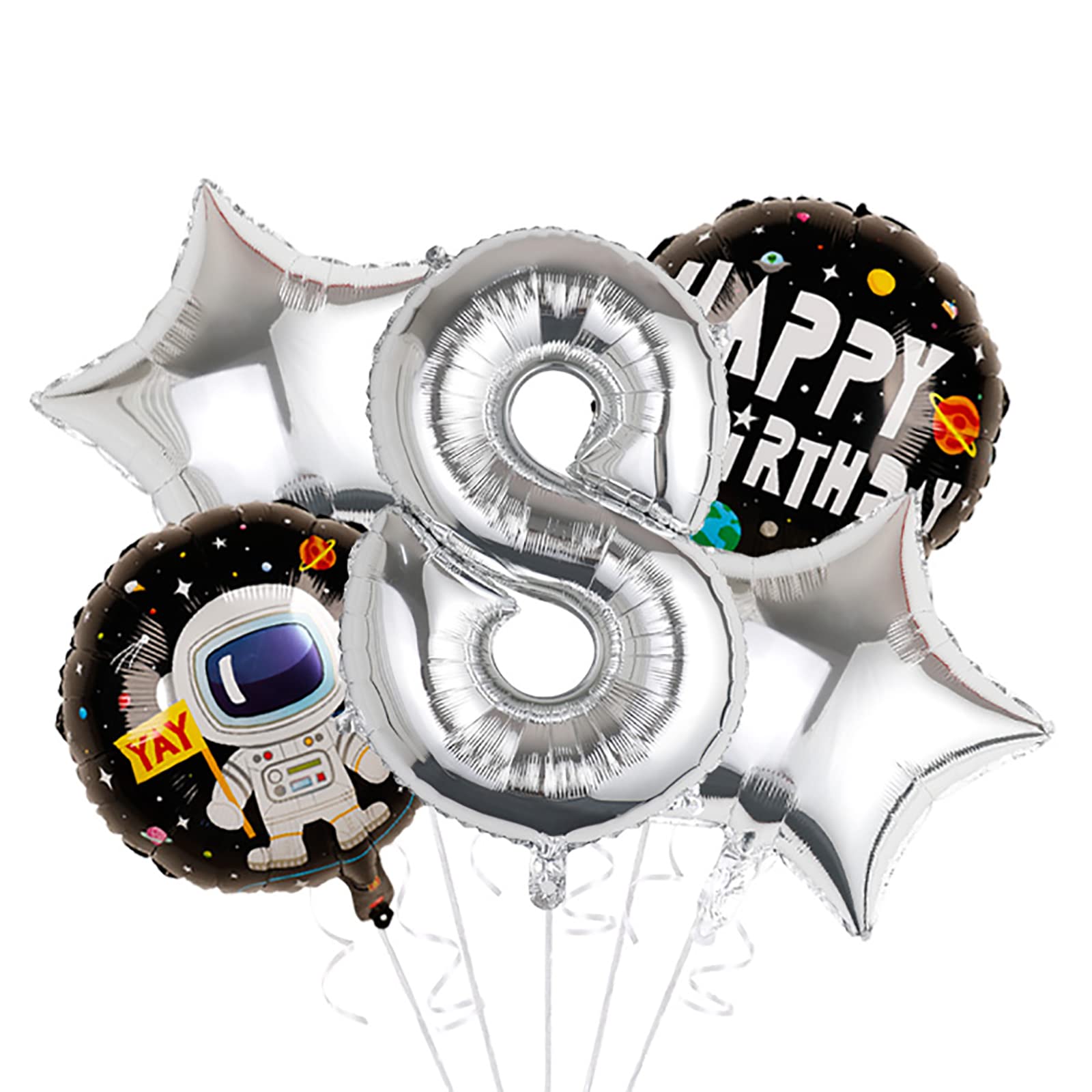 Chaungfu 5 Pcs Astronaut Balloons Rocket Foil Balloons Outer Space Theme Birthday Party Decorations Supplies Big Foil Mylar Number Helium Global for Boy Party Decor Favors - Silver 8
