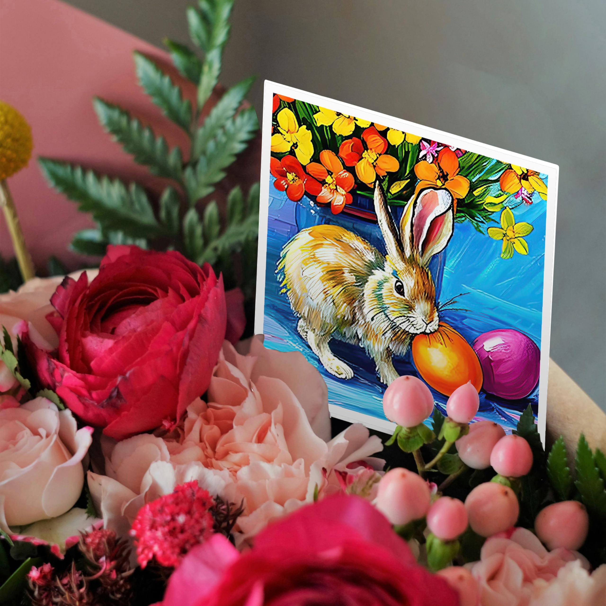 3dRose Greeting Card - Easter bunny, orange, purple eggs, a bunch of flowers in a blue bowl - Alexis Design - Holidays Easter