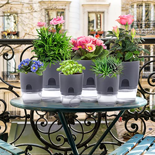 6 pcs Self Watering Plant Pots, 4.1/3.2 in Plastic Planter with Drainage Holes, Flower Pots for Indoor Plants, African Violet, Succulents, Herbs, Grey