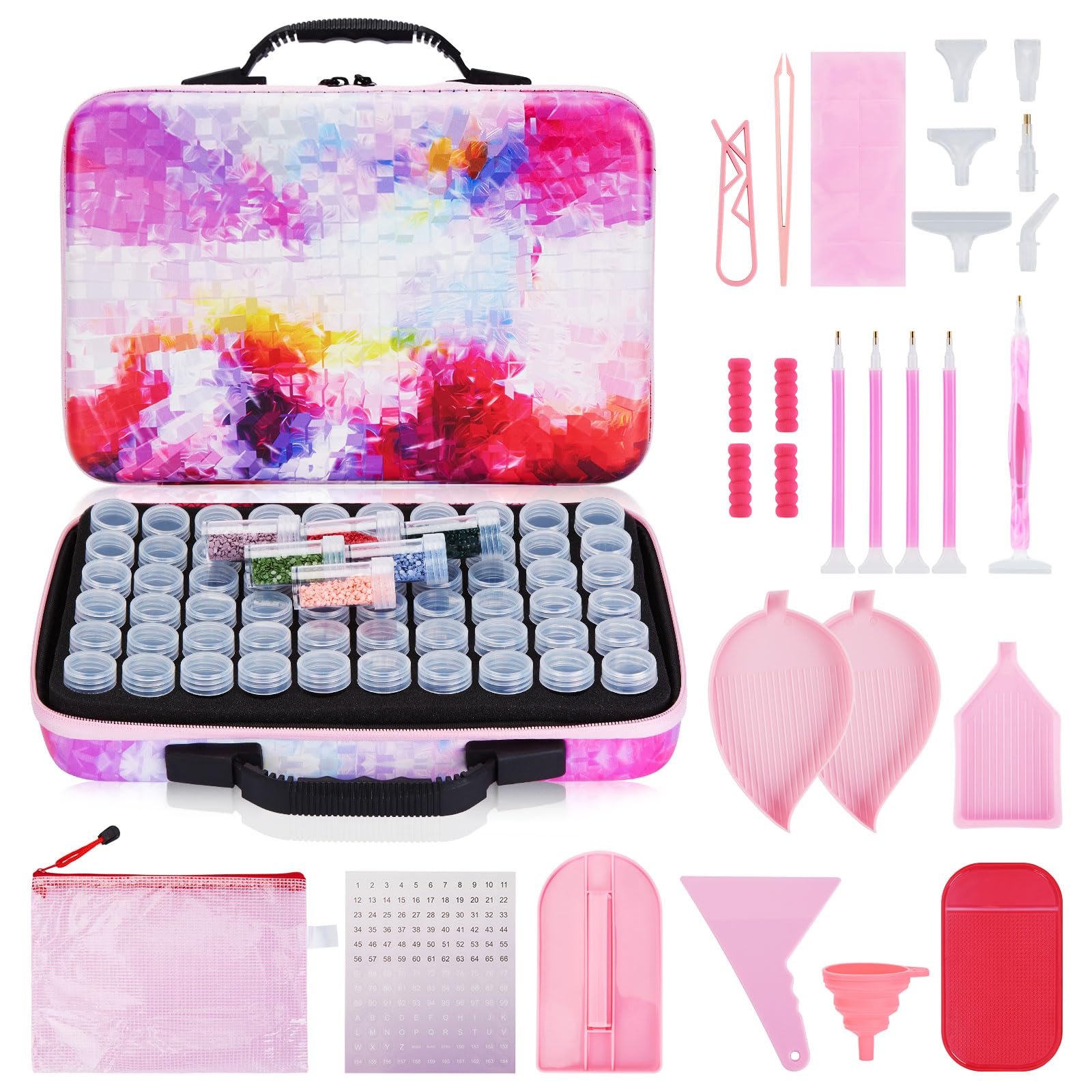 Fixm Diamond Painting Storage Container, 60 Slots Diamond Painting Accessories and Portable Diamond Painting Storage Box, Diamond Tool Set, Diamond Art Storage Box Jewelry Bead Storage Box - Pink