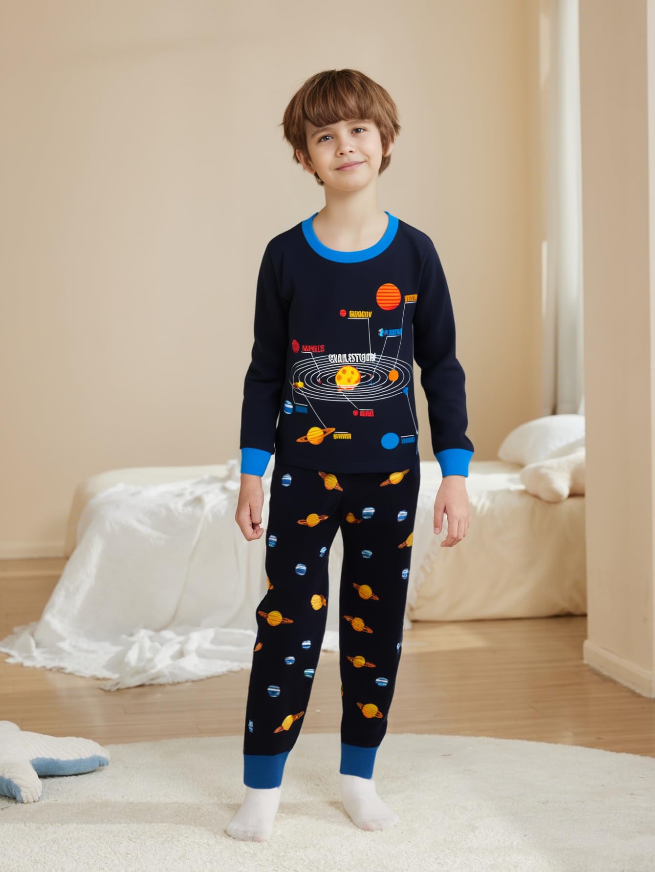 Little Boys Space Pajamas Sets for Toddler 100% Cotton Dinosaur Train Rocket Glow in Dark Sleepwear Long Sleeve 2 Piece kids Clothes Pjs 3-7T starry1-6256-6T