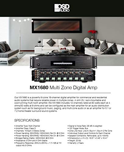 OSD Audio 8 Zone 16-Channel Digital Amplifier, 80W/Channel, Distributed Audio & Home Theater - MX1680