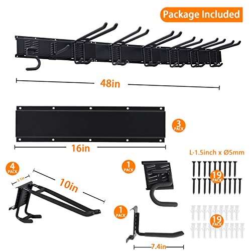 Garage Tool Storage Rack, 48 Inch Adjustable Garage Organizer Wall Mounted 11 PCS Garage Storage with 8 Hooks, Super Heavy Duty Garden Tool Hanger for Shovels, Rake Shovel Yard Tools,Hold Up to 450lbs