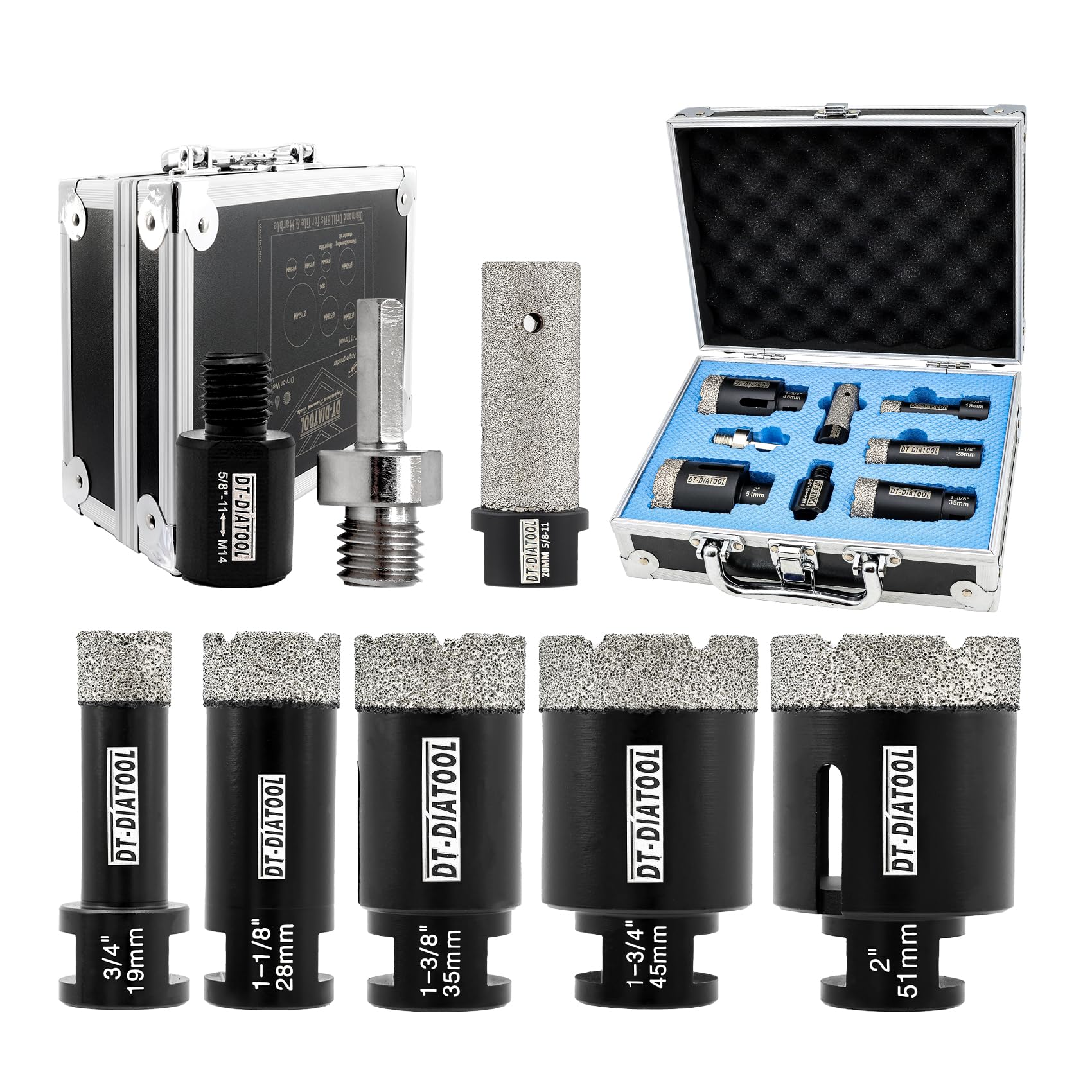 DT-DIATOOL Tile Hole Saw Kit Diamond Core Drill Bits Kit 19/28/35/45/51mm with Diamond Finger Bit 20mm and 2 Adapters for Porcelain Tile Ceramic Marble Granite Diamond Hole Saw Kit