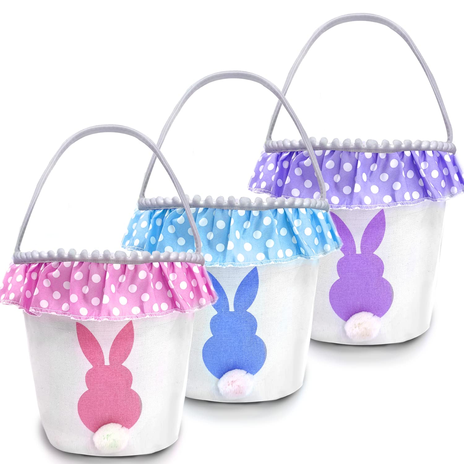 TOPLEE 3PCS Easter Baskets for Kids Canvas Bunny Basket Egg Bags Rabbit Fluffy Tails Eggs Hunt Bucket Easter Basket Stuffers for Girls Toddlers Easter Gifts Toys
