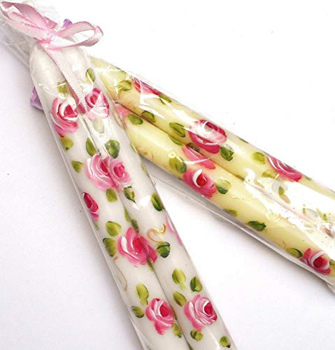 Decorated 8 Inch Tall Hand Painted Pink Rose Ivory or White Short Taper Candles Set Small Housewarming Gift for Women