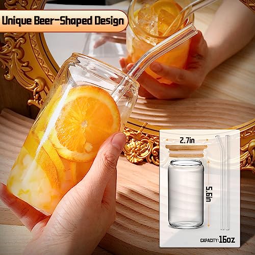 DWTS DANWEITESI Glass Cups with Lids and Straws 6pcs,16oz Glass Iced Coffee Cups with Lids- Glass Coffee Cups,Drinking Glasses with Bamboo Lids