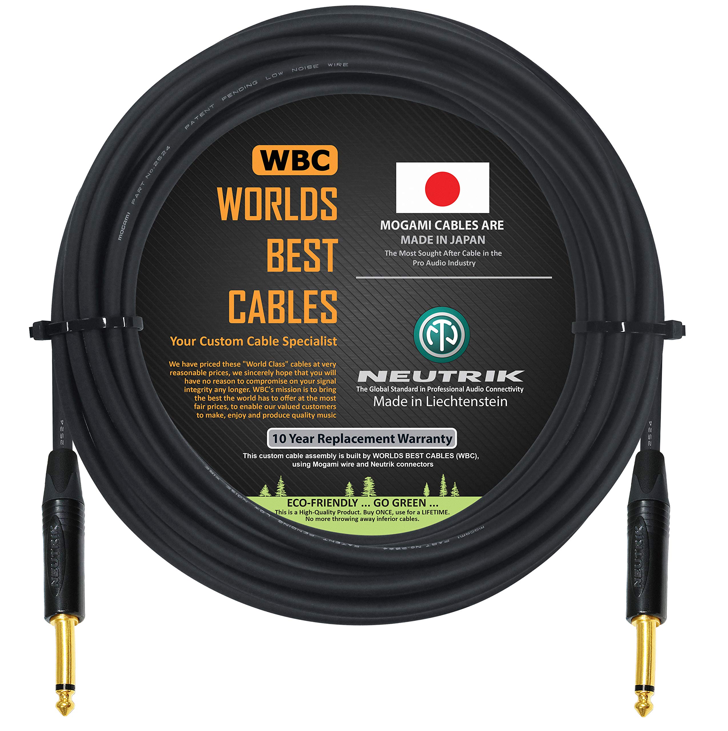 25 Foot - Guitar Bass Instrument Cable CUSTOM MADE By WORLDS BEST CABLES – using Mogami 2524 wire and Neutrik NP2X-B ¼ Inch (6.35mm) Straight Gold TS Connectors