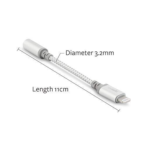 Moshi Integra Lightning to 3.5mm Headphone Jack Adapter [MFi Certified], DAC Chip Integrated, Ballistic Nylon Braiding, Aluminum Housings, Exceeds 10,000 Bend Cycles, for iPhone/iPad, Jet Silver