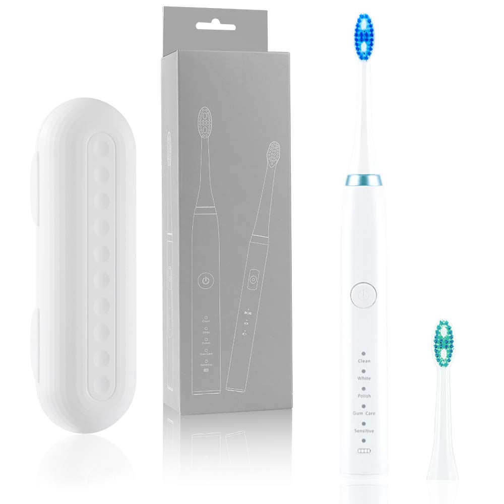 Sonic Electric Toothbrush Rechargeable for Adults, 2 Dupont Brush Heads & Travel Case Toothbrush Box, USB Charging Last 30 Days 5 Modes 3 Intensities Smart Timer (239 White)