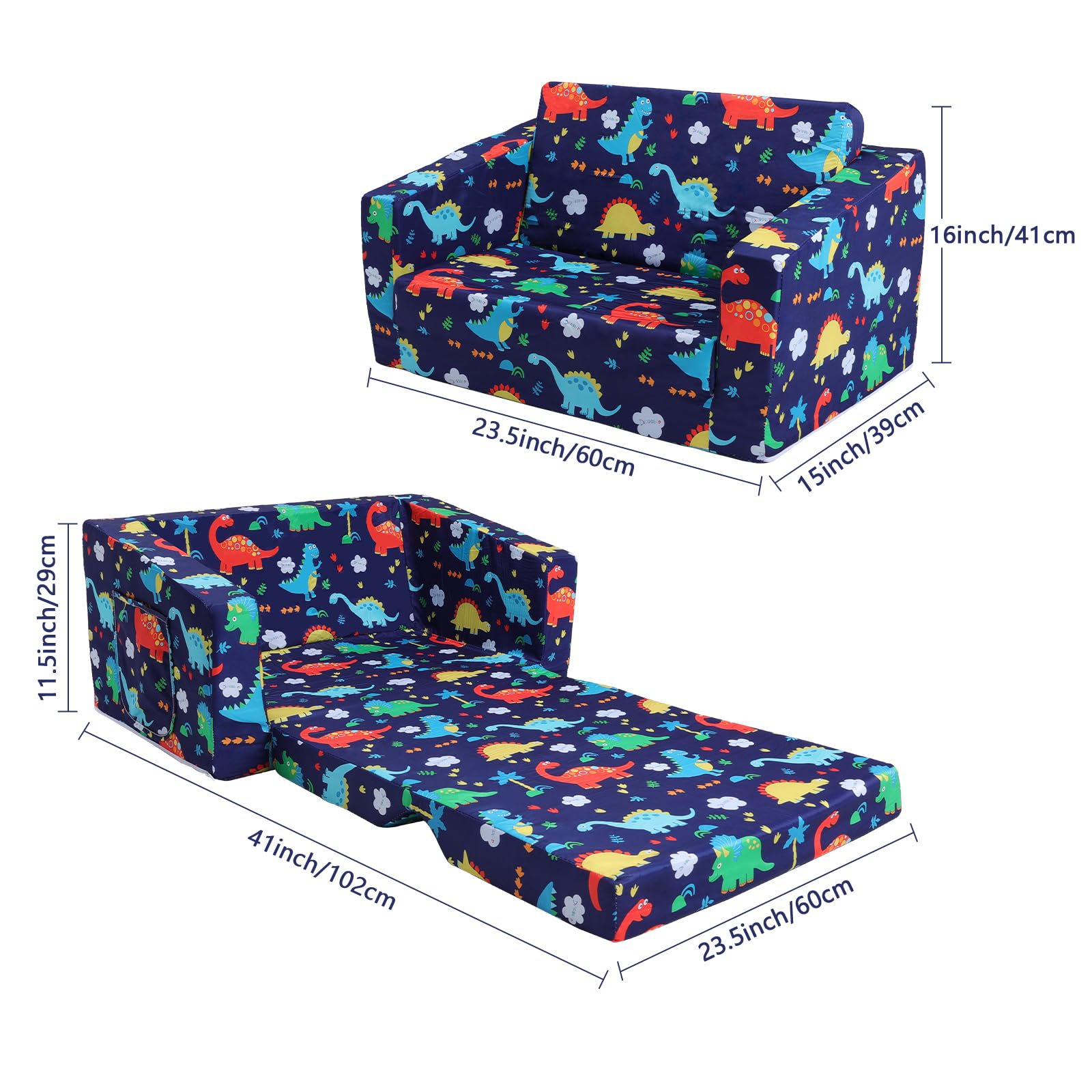 decalsweet Kids Couch Convertible Sofa to Lounger for Toddler Boy, Foldable 2-in-1 Kids Sofa Bed, Toddler Chairs Comfy for Bedroom Playroom, Blue Dinosaur