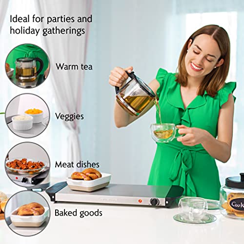 Ovente Electric Warming Tray with Adjustable Temperature Control, Stainless Steel Frame & Cool-Touch Handles, Compact Food Warmer Perfect for Buffets Parties Events Dinners and Holidays, Silver FW170S
