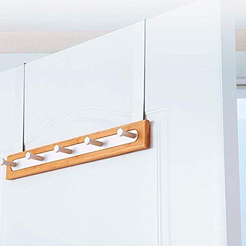 Over The Door 5 Hooks Hanger Bamboo Wooden Stainless Steel Towel Coat Bag Bath Hanging Rack (Silver)