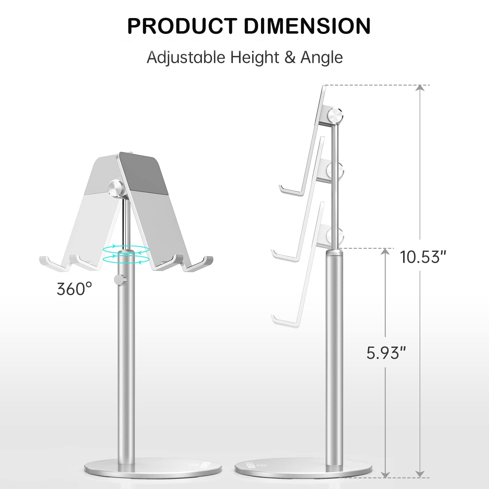 KAERSI Tablet Stand for Desk, Tablet Stand Phone Holder Adjustable Height Compatible with iPhone Pro 11, 9.7, 10.5 Air Mini 4 3 2, Kindle, E-Reader, All Phones (4-12'') - Silver