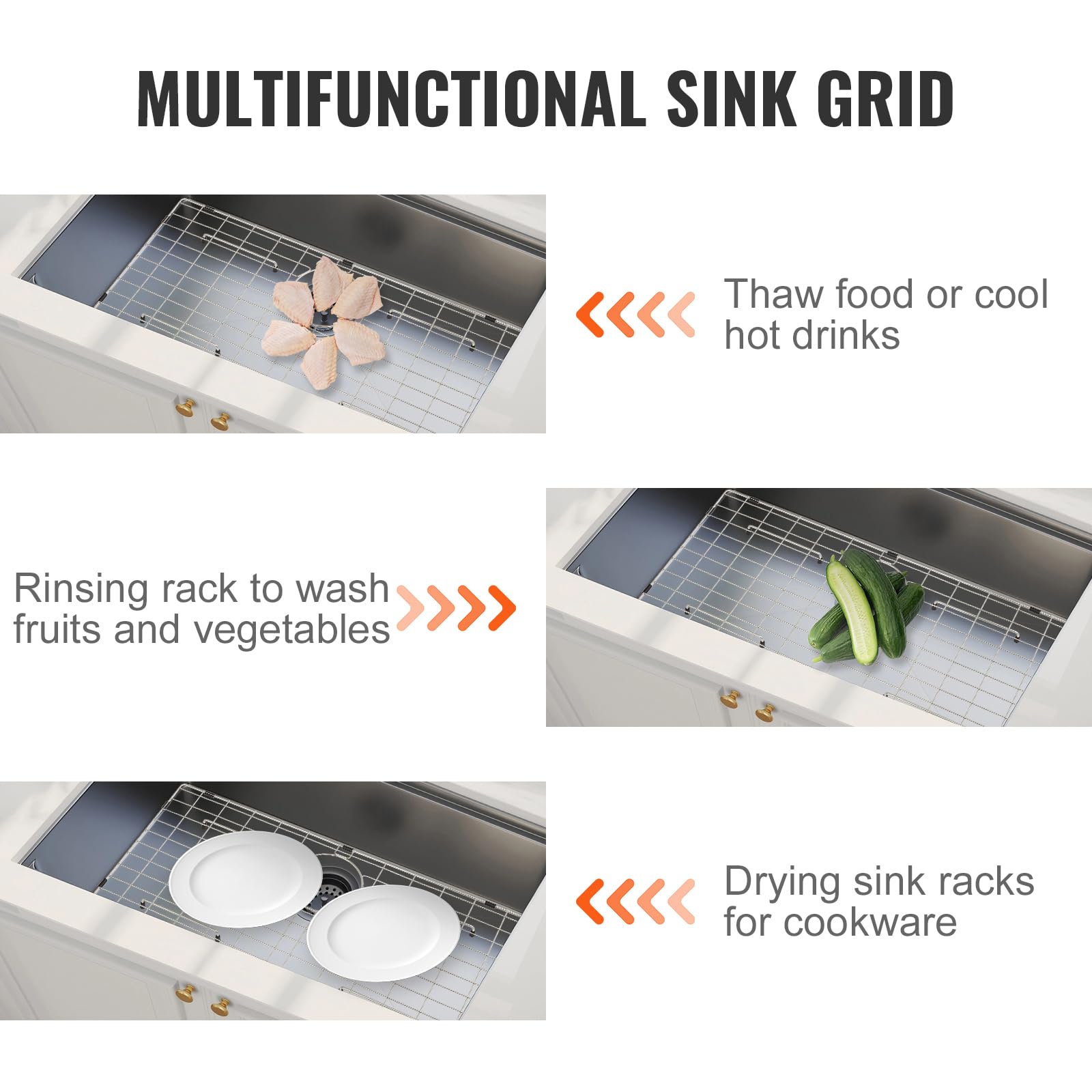 VEVOR Sink Protector Grid, 27.5"x13.5" Stainless Steel Sink, Rear Drain Sink Grates with R10 Corner Radius, Large Sink Bottom Grids, Universal Bowl Rack Sink Accessories For Kitchen Sink, Silver