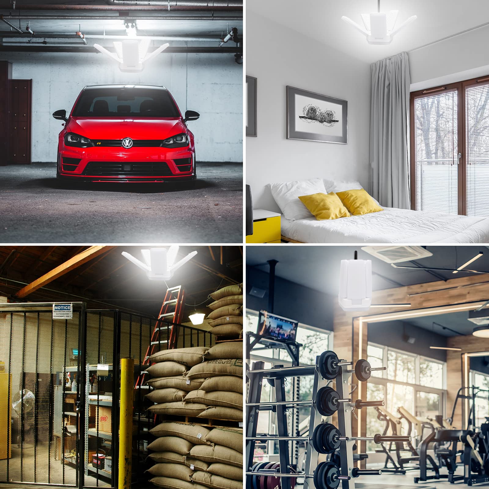 TUODAW LED Garage Lights 2 Pack, The New 100W Deformable LED Shop Lights with 5 Adjustable Panels, E26/E27 LED Ceiling Light, 10000LM 6500K Hight Bay Light for Basement Warehouse Workshop