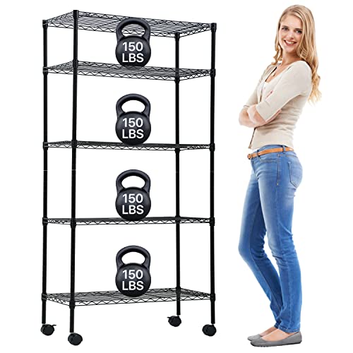 Dkeli 5 Tier Wire Shelving with Wheels, 14"x30"x60" Storage Shelves NSF Heavy Duty Adjustable Utility Rolling Steel Garage Shelving Metal Storage Rack, Black