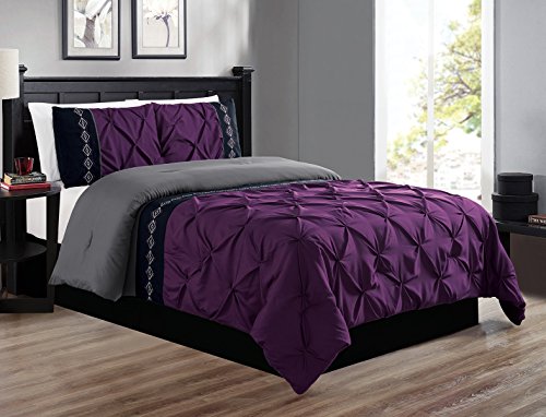 Grand Linen 3 Piece Full Size Dark Purple/Grey/Black Double-Needle Stitch Puckered Pinch Pleat All-Season Bedding-Down Alternative Embroidered Comforter Set
