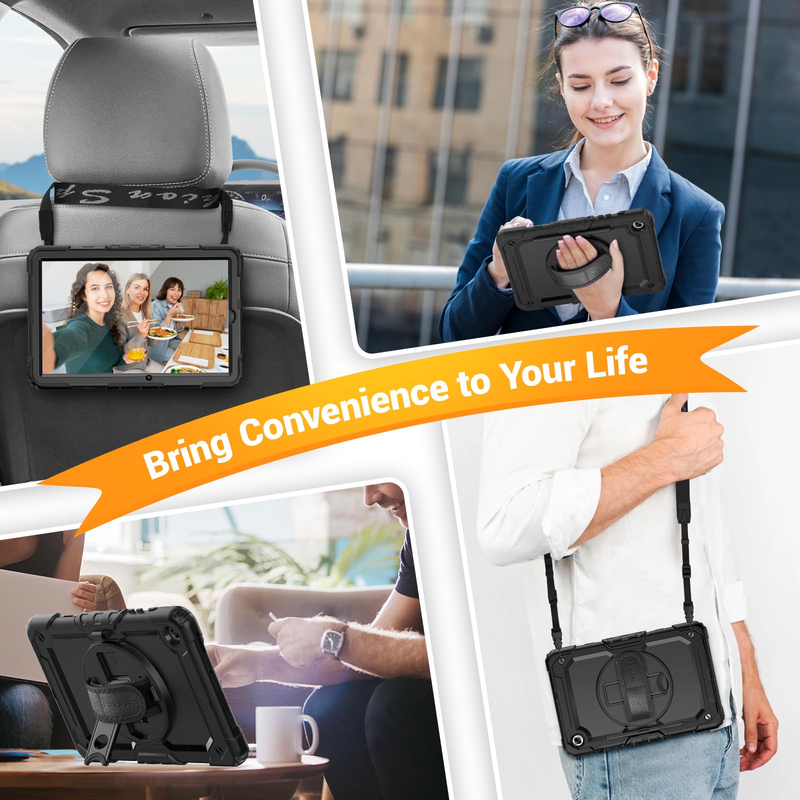 SEYMAC Case for Samsung Galaxy Tab S6 Lite 10.4'' 2024/2022/2020 (SM-P620/P610/P615), Heavy Duty Full-Body Shockproof Protective Case with Screen Protector, Rotating Stand, Hand/Shoulder Strap, Black