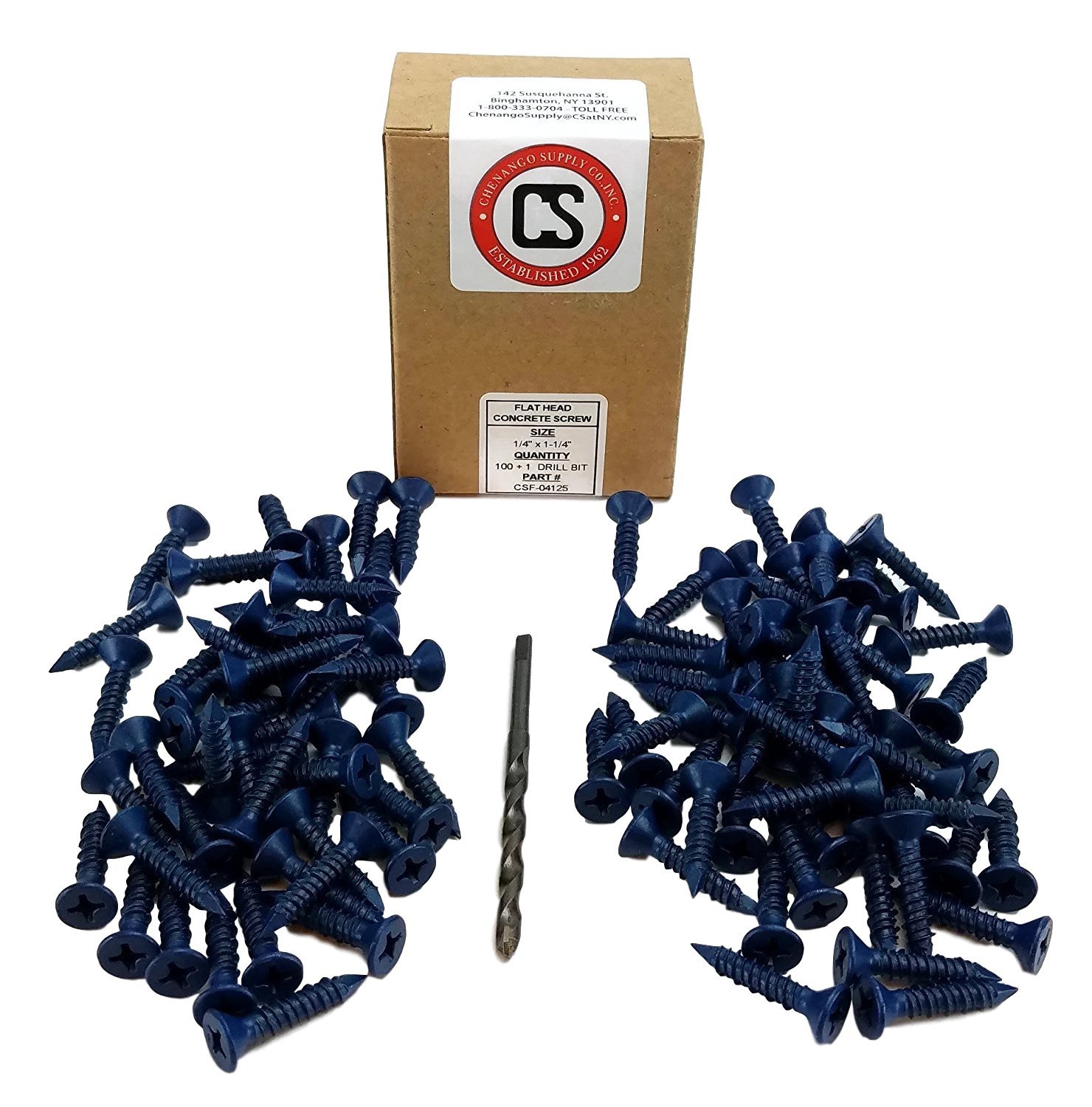 Chenango Supply 1/4 x 1-1/4" Flat Head Concrete Screw Anchor. 100 Pieces with Drill Bit (Miami-Dade Compliant) (1/4 x 1-1/4)