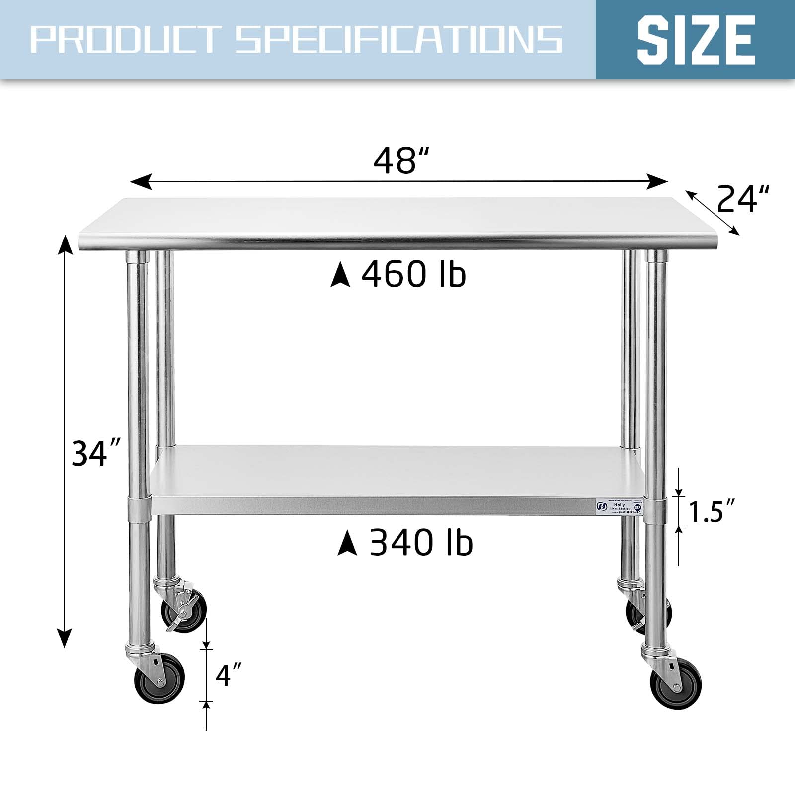 HALLY Stainless Steel Table for Prep & Work 24 x 48 Inches with Caster Wheels, NSF Commercial Heavy Duty Table with Undershelf and Galvanized Legs for Restaurant, Home and Hotel