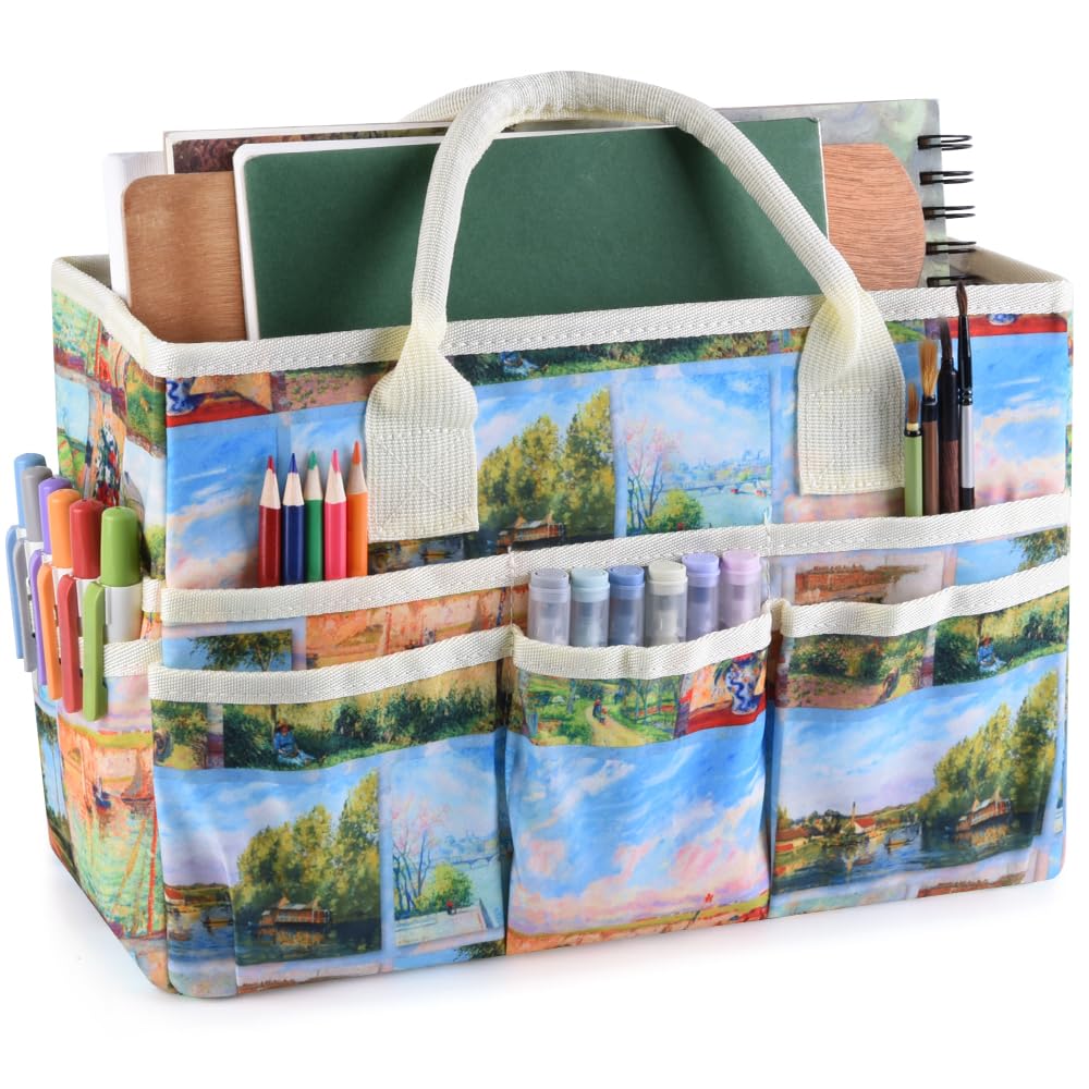 E-WEICHEN Craft Organizer Tote Bag Art Storage Caddy with Multiple Pockets Storage Containers for Art,Craft,and Office Supplies Storage Van Gogh