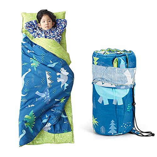 NEDVI Toddler Nap Mat with Carry Bag,Sleeping Bag with Removable Pillow,Measure 55x 21 x 1.5 Inches,Toddler Travel Bed,Lightweight - Cotton Soft,for Preschool, Daycare, Camping-Dinosaur