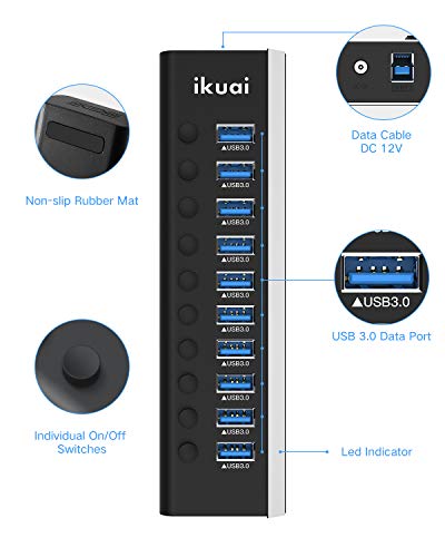 Powered USB Hub 3.0 ikuai Aluminum 10 Port USB 3.0 Data Hub Splitter with 12V/3A 36W Power Adapter and Individual On/Off Switches for Desktop PC Laptop and More