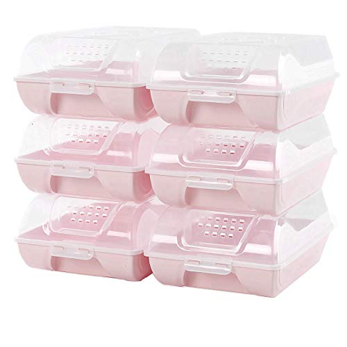 YEAVS 6 Pack Storage Shoe Box Stackable, Thickened Clear Plastic Shoes Containers, Sneaker Organizer Bins with Lids (Pink)