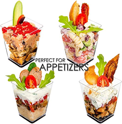 DLux 50 x 5 oz Mini Dessert Cups with Spoons, Square Large - Clear Plastic Parfait Appetizer Cup - Small Reusable Serving Bowl for Tasting Party Desserts Appetizers - With Recipe Ebook