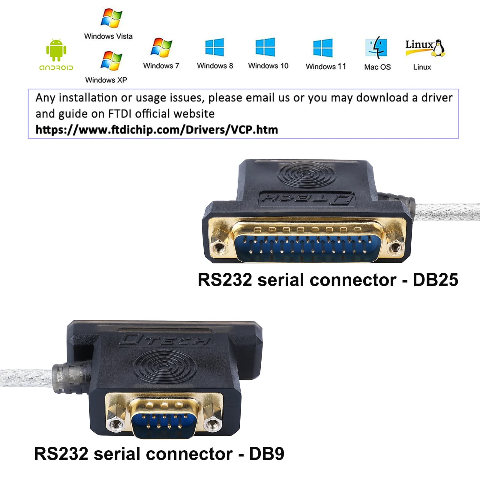 DTECH USB to Serial Adapter DB25 DB9 RS232 to USB Cable 4 Feet with FTDI Chip Supports Windows 11 10 8 7 and Mac