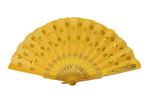 Feng Shui Import Colorful Peacock Pattern Sequin Fabric Hand Fan (Yellow)