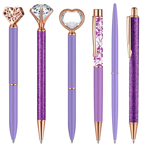 6 Pcs Ballpoint Pen Set Include Crystal Diamond Pen Slim Metal Ballpoint Pens Black Ink Stylus Pen Liquid Sand Pen Retractable Glitter Pen for Office School Gifts Wedding Party Supplies (Purple)