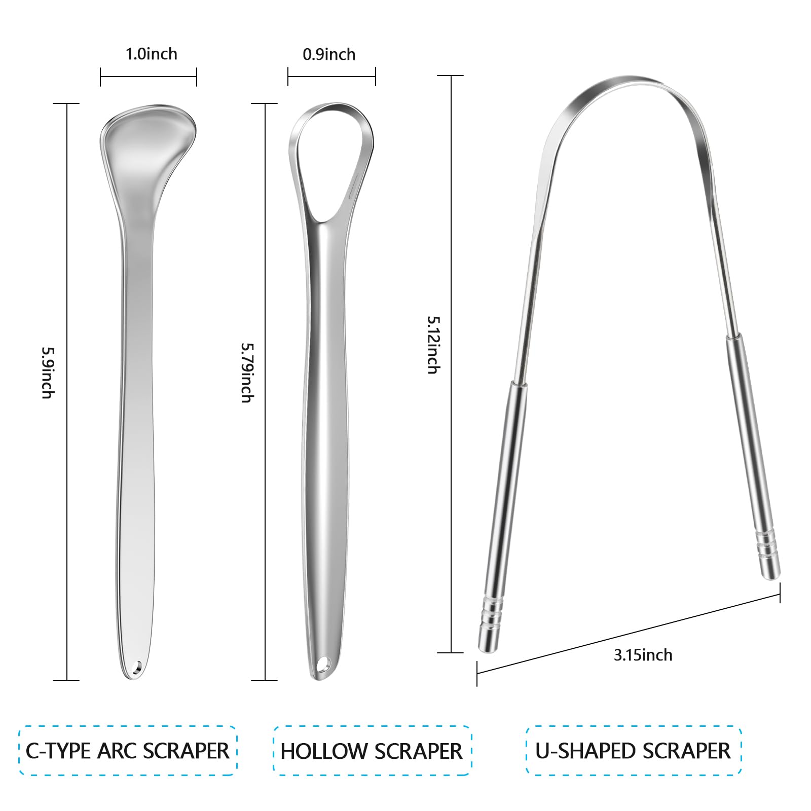 MORGLES Metal Tongue Scraper, 4 Pcs Tongue Cleaners with Case for Adults