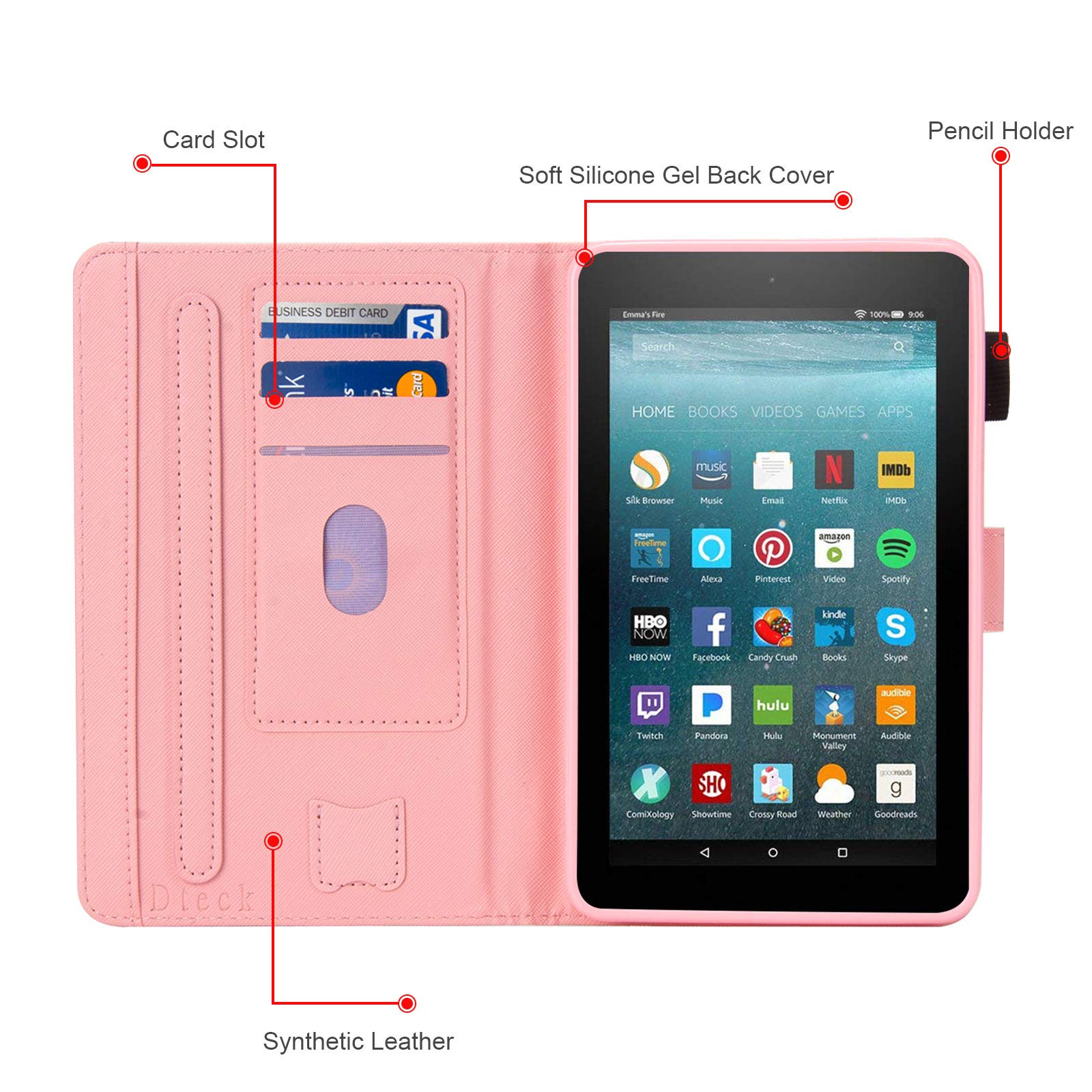 Dteck Case Cover for Kindle Fire 7 Tablet (7" Display, 9th/7th/5th Generation, 2019/2017/2015 Release) - Auto Sleep Wake Case Synthetic Leather Wallet Protector Fold Stand Kindle Cover (White Marble)