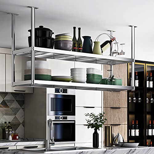 DSVONAUS Ceiling Storage Shelf, 2 Layer Stainless Steel Ceiling Mount Shelf, Hanging Floating Shelves, Organizer Rack for Restaurant Kitchen Bar Cafe Shelf, Easy to Install - 6 Sizes (80×35×80cm)