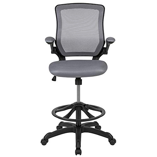 Flash Furniture Kale Mid-Back Dark Gray Mesh Ergonomic Drafting Chair with Adjustable Foot Ring and Flip-Up Arms