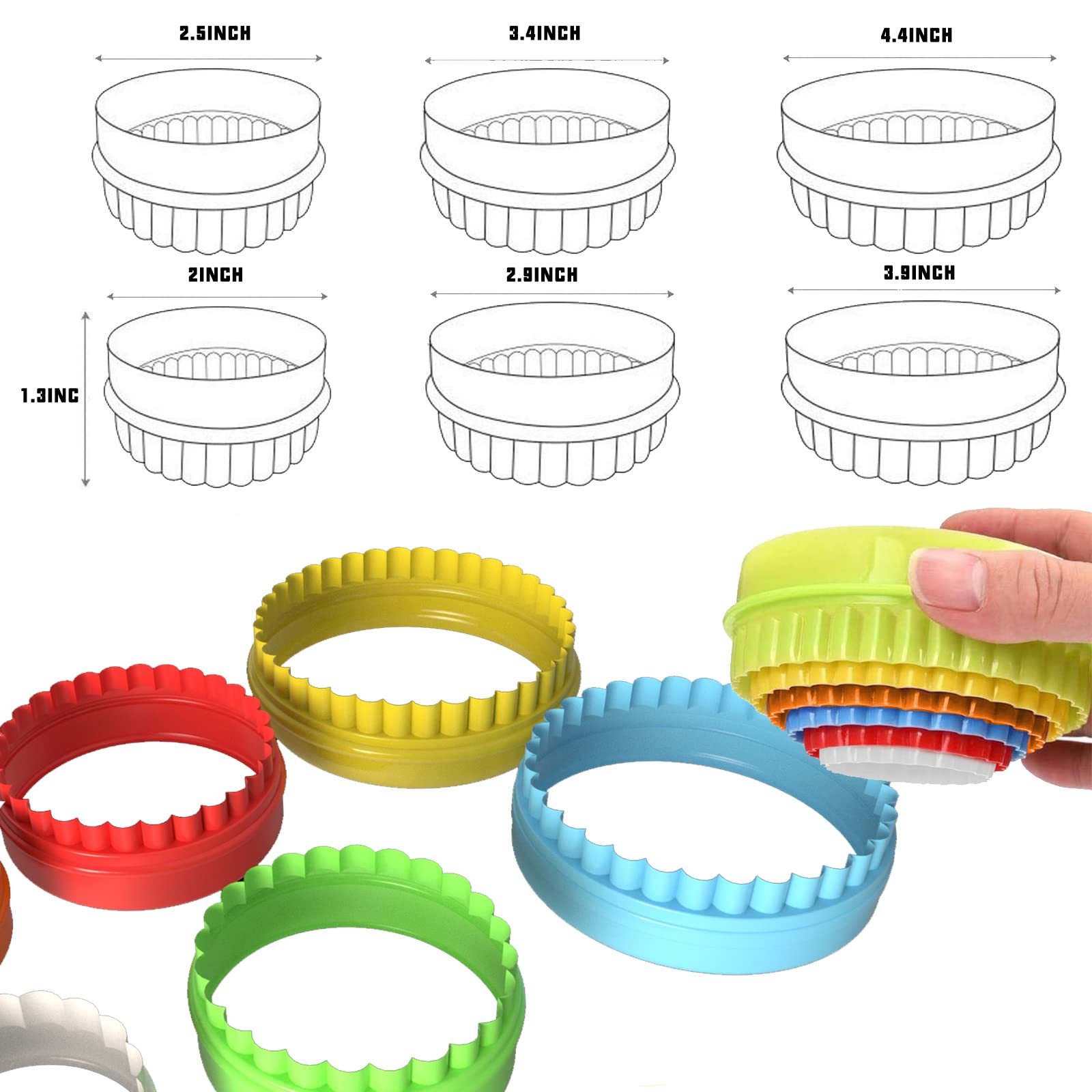 6 Pieces Scalloped Round Cookie Cutters Plastic for Baking Biscuit Fondant Cake Cutters Two Side Double Sided Fluted and Plain Edge Cookie Cutters