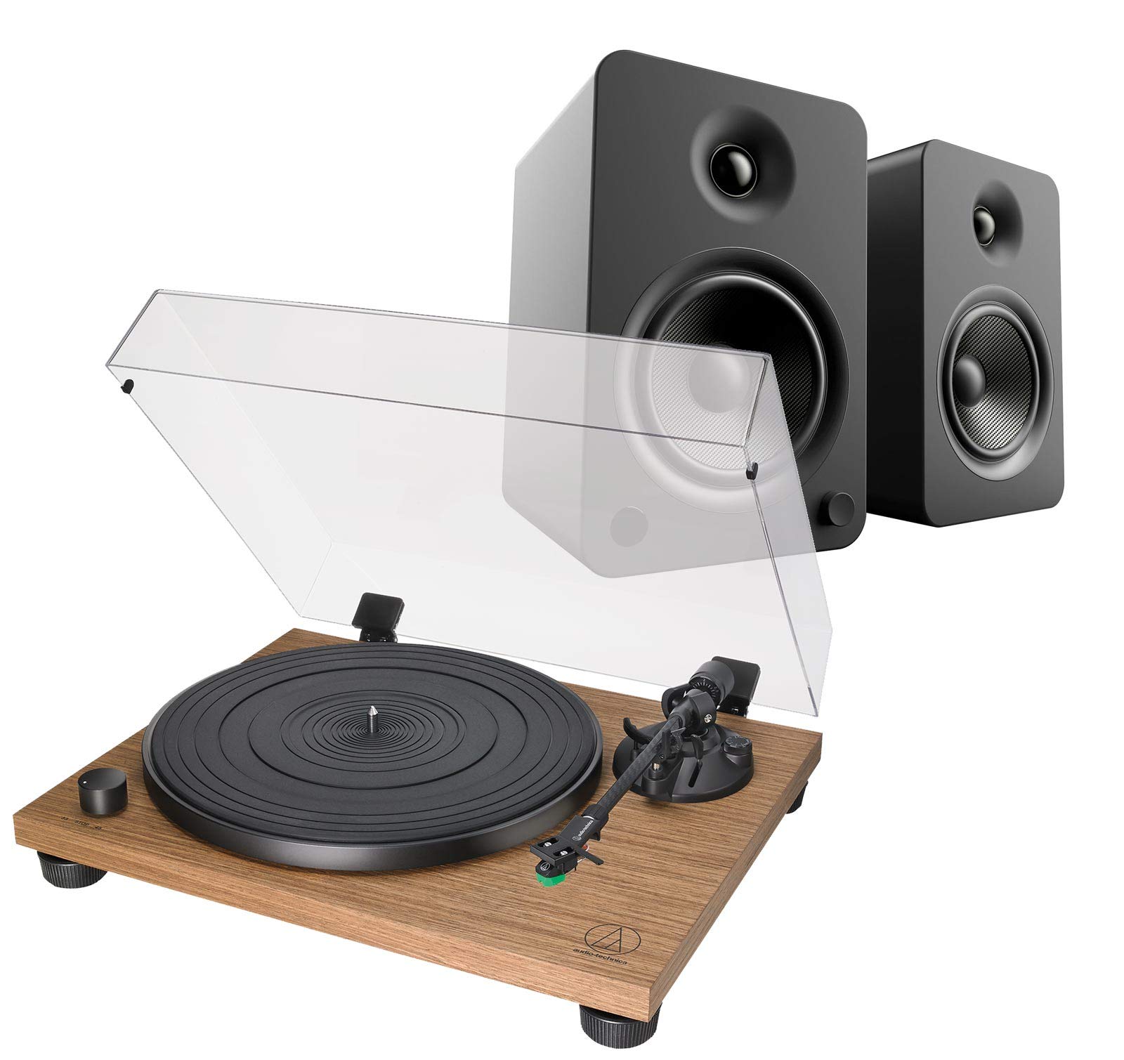 Audio Technica AT-LPW40WN Fully Manual Belt-Drive Turntable Bundle with Kanto YU6 Powered Wireless Bluetooth Speakers - Matte Black