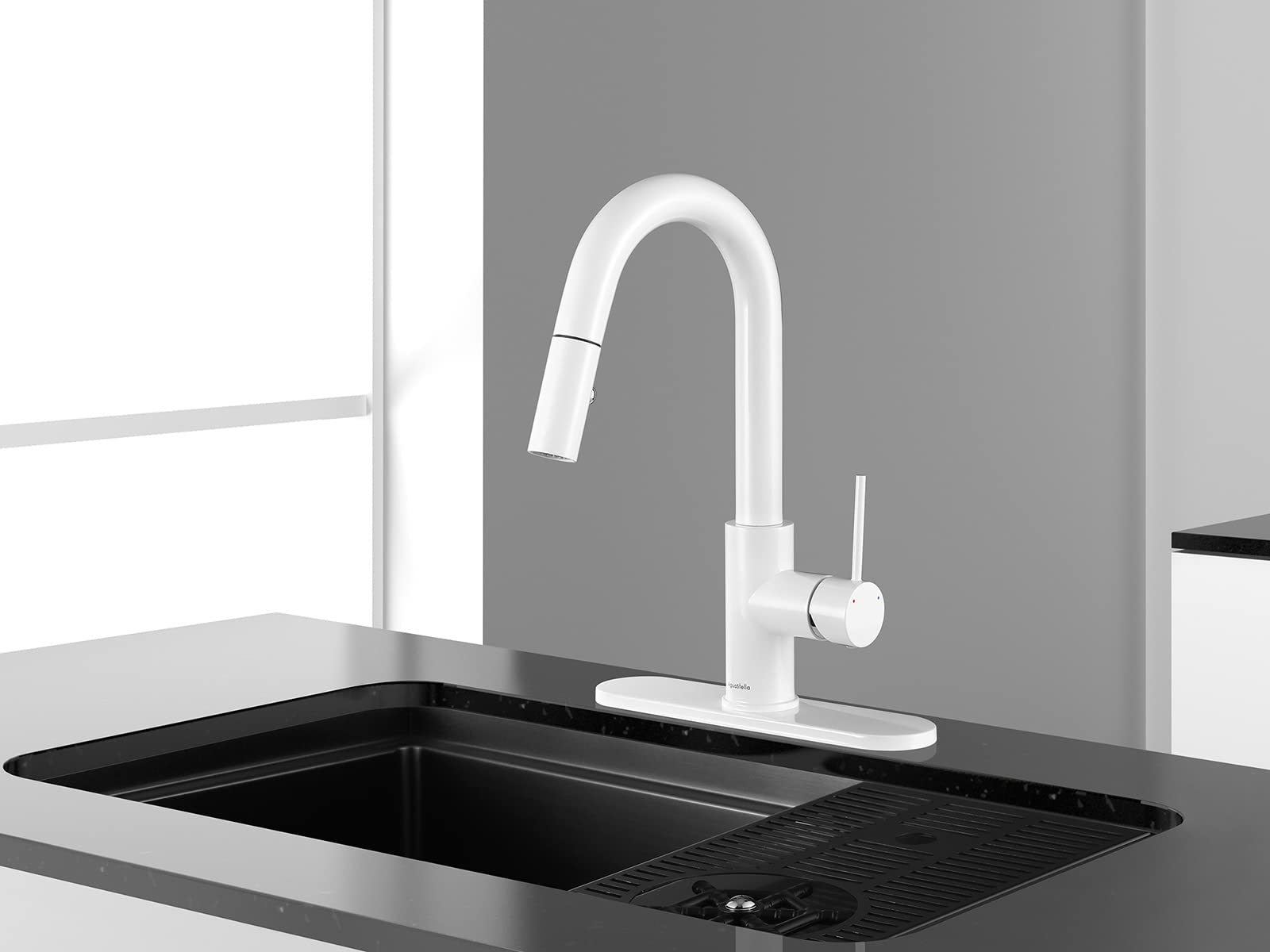AguaStella AS59W White Bar Faucet with Pull Down Sprayer and ASD52W White Deck Plate