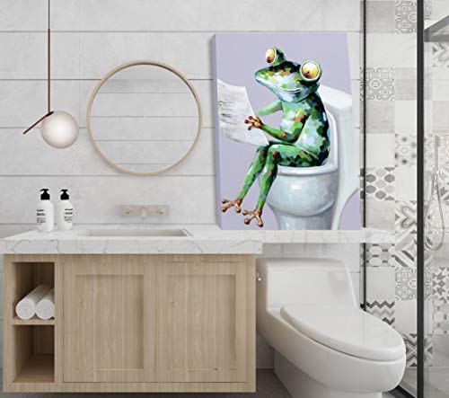 Yihui Arts Funny Bathroom Wall Art Hand Painted Happy Frog Reading Book Large Painting Pictures with Framed for Decor