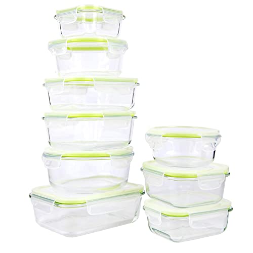 ETERNA GLASSWELL 18 Piece Glass Food Storage Containers with Locking Lids - Airtight & Leak Proof, BPA Free - Dishwasher, Oven, Freezer, Microwave Safe Glass Meal Prep Container