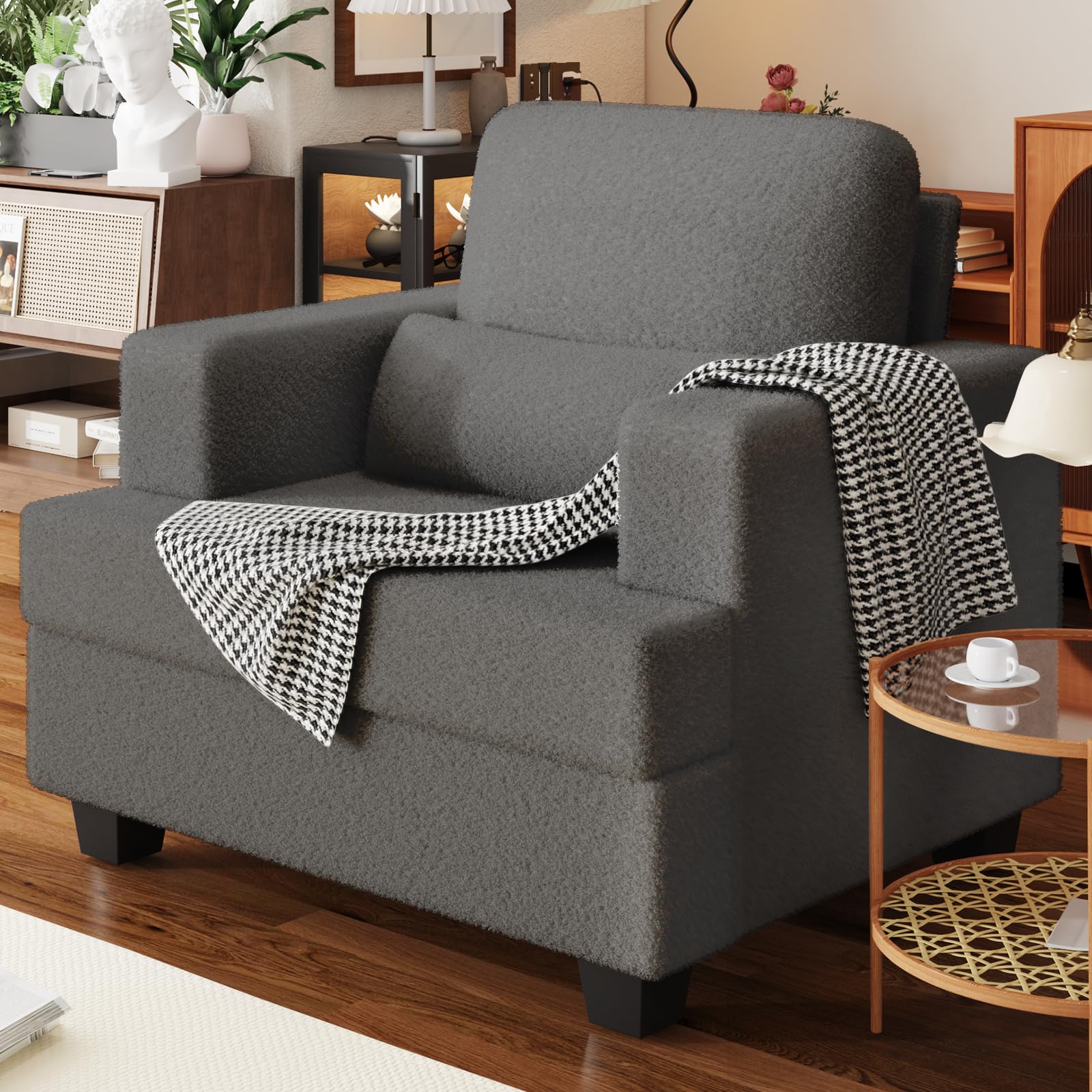 smilesun 89.2'' Sofa Teddy Velvet Upholstered Modern Sofa with Lumbar Pillows, Sectional Spring Cushion Seats, Padded Armrest Extra Deep Couch for Living Room in Elegant White