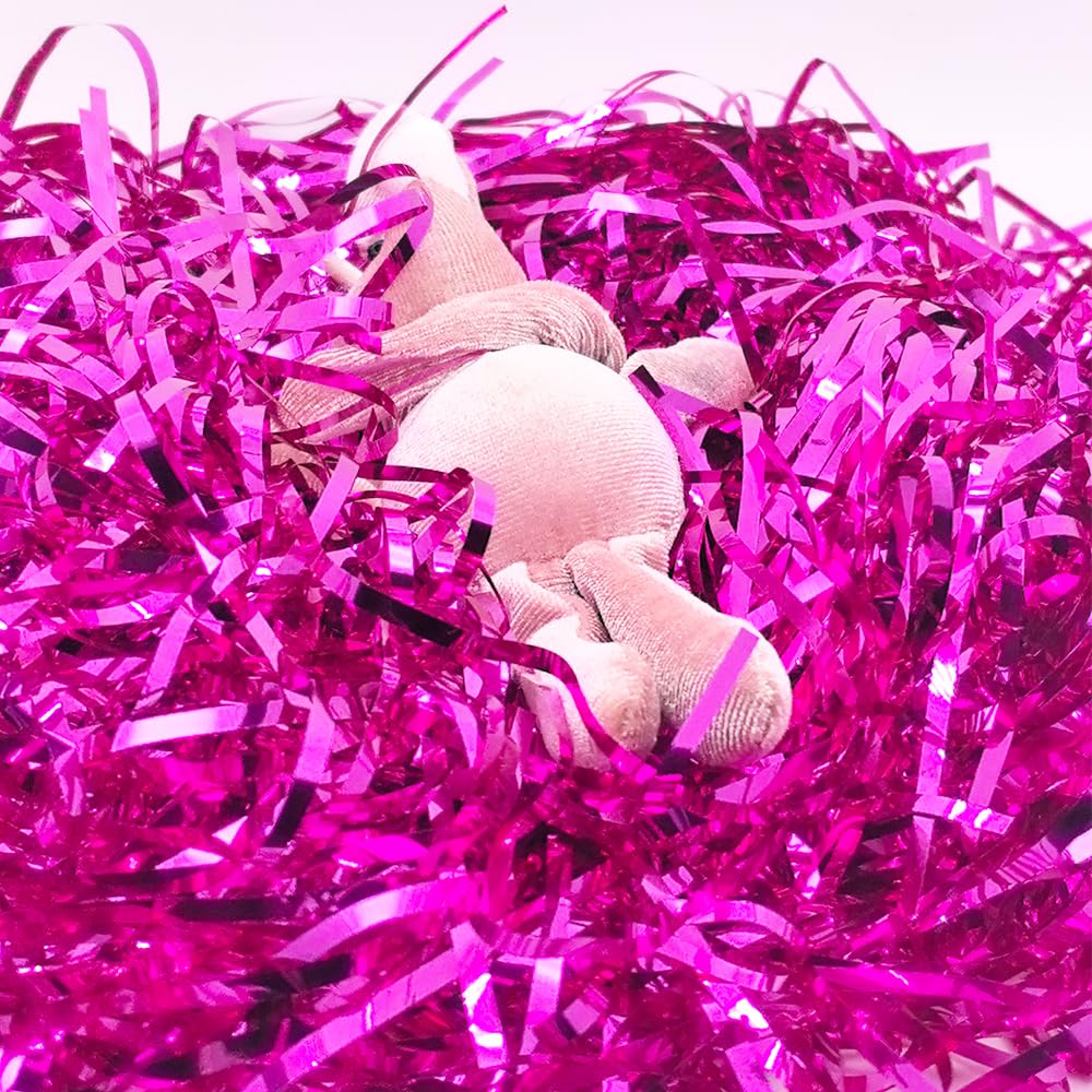 Amsthow Gift Wrap Shredded Filler Basket Grass 1/2 LB Shiny Pink Cut Shred Raffia Box Stuffing for Christmas Birthday Wedding Wrapping Shower (Pink)