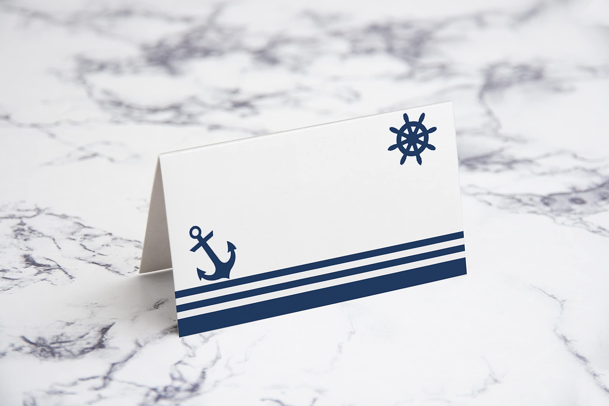 Nautical Place Cards - 25 Pack - Nautical Food Cards. Blue Anchor and Captain’s Wheel over Stripes Design, for Dinner Parties, Banquets, Cocktail Parties, Buffet. 2” x 3.5”. Scored for Folding.