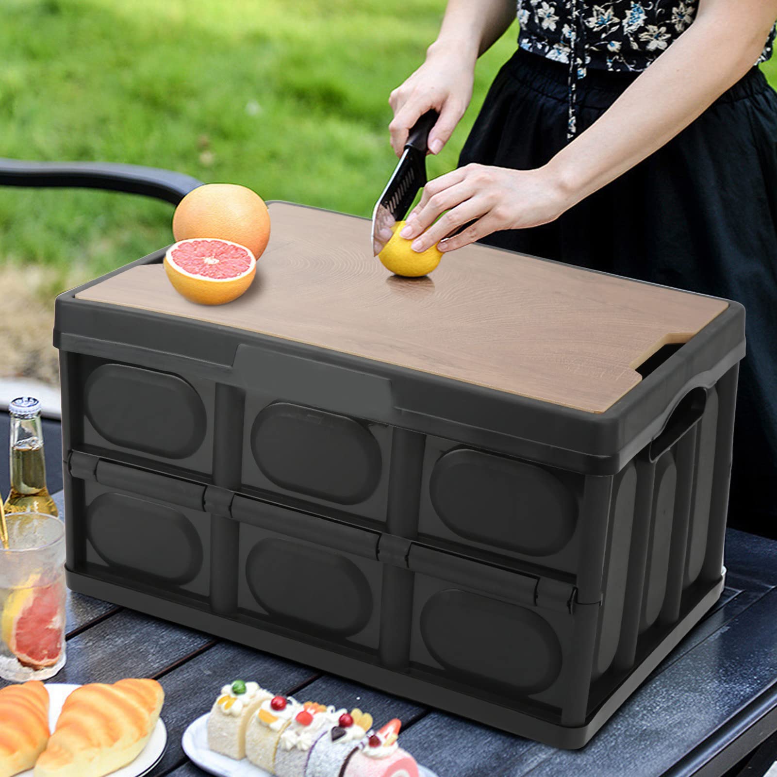 Folding Storage Box with Wooden Cover, 30L Collapsible Storage Bins with Lid, Camping Storage Container for Camping, Car Storage, Home Sorting (42x28.5x23.5cm/16.5x11.2x3 Inch)(Black)
