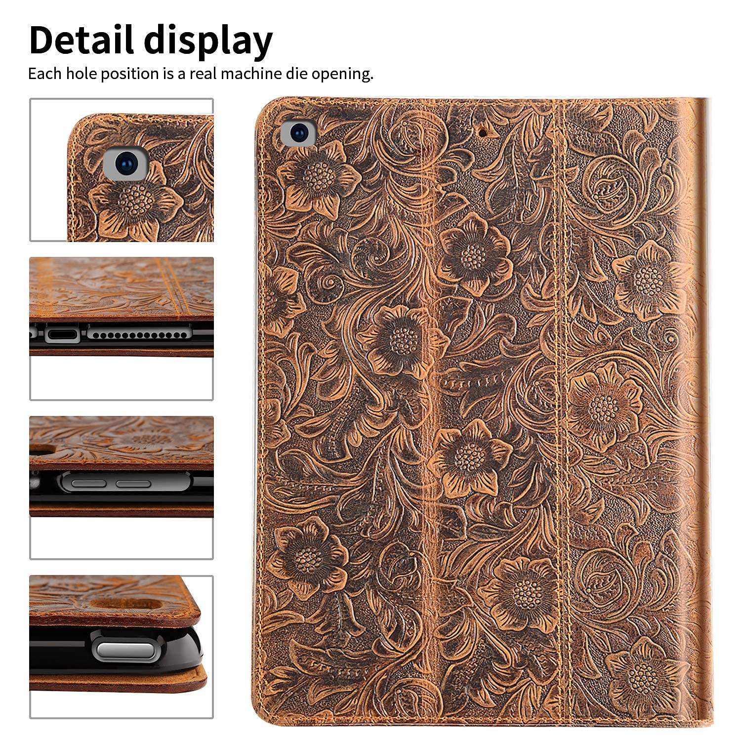Gexmil Leather Case for iPad 10.2 inch 9th/8th/7th Gen. 2021/2020/2019 with Pencil Holder, Genuine Leather Cover Auto Sleep/Wake,Smart Folio Shockproof Protective,Anti-Fingerprint,Flower Brown